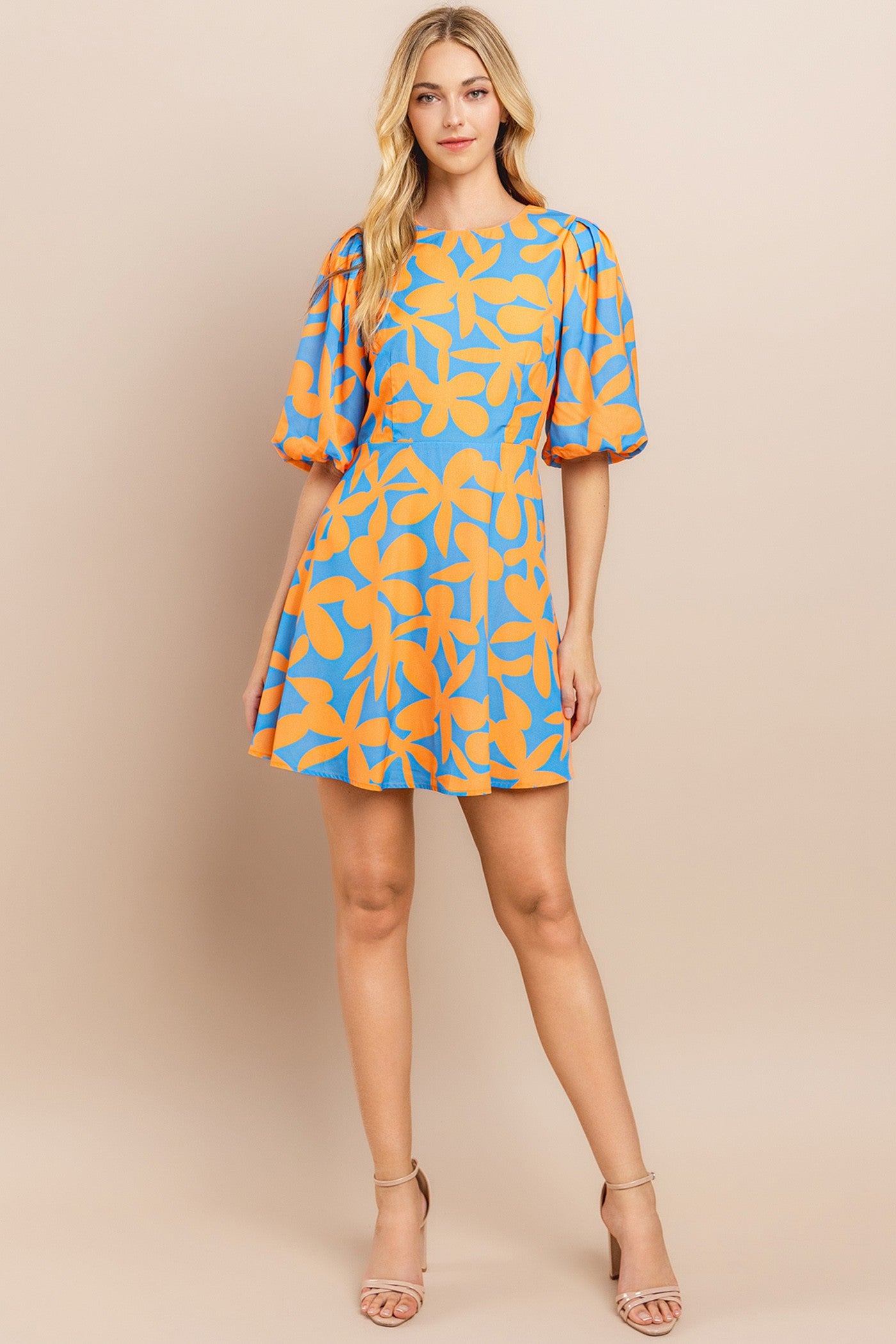 ORANGE AND BLUE PUFF SLEEVE DRESS | Morgan Rae Boutique